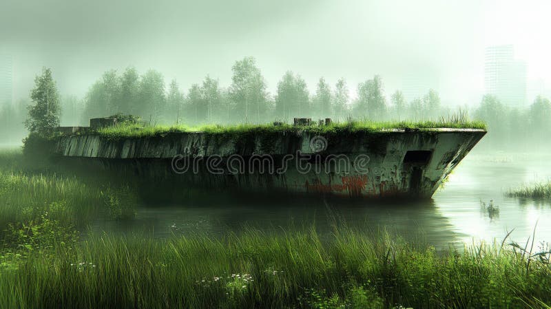 Overgrown Shipwreck in a Misty Swamp Stock Illustration - Illustration ...