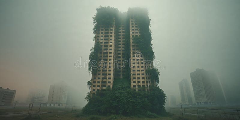 Overgrown Skyscraper with Greenery and Fog in Urban Landscape View ...