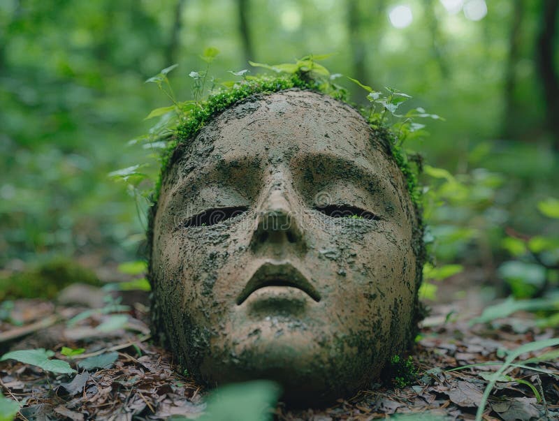 Overgrown Stone Face in Forest Stock Illustration - Illustration of ...