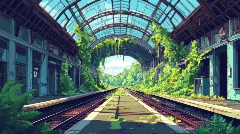 Overgrown Train Station Platform in Pixel Art Stock Illustration ...