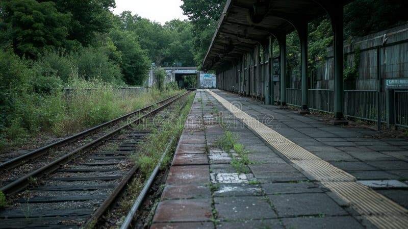 Overgrown Train Tracks and Abandoned Platform Stock Illustration ...