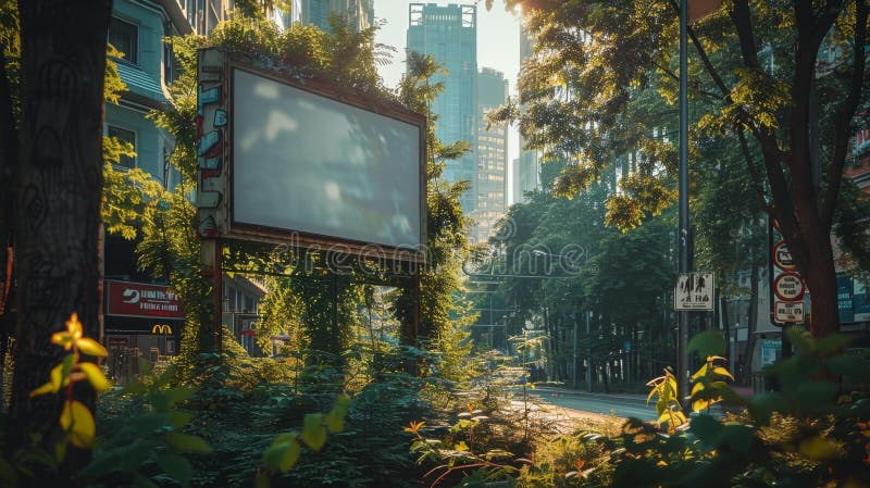 Overgrown Urban Billboard in Modern Cityscape - Generative Ai Stock ...