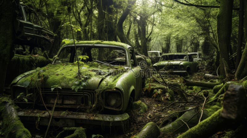Overgrown Vehicle Graveyard Eerie Scene Stock Illustration ...
