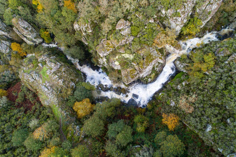 Overhead Aerial Drone View of a Waterfall in a Mountain Forest Stock ...