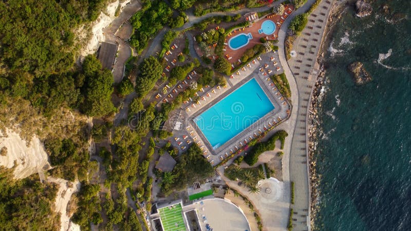 Overhead Aerial View of Ischia Citara Beach at Sunset with Pools and ...