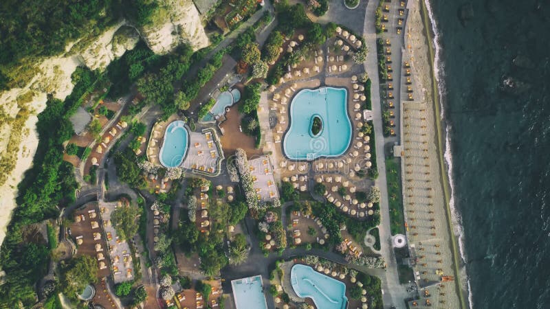 Overhead Aerial View of Ischia Citara Beach at Sunset with Pools and ...