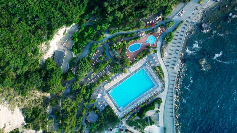 Overhead Aerial View of Ischia Citara Beach at Sunset with Pools and ...