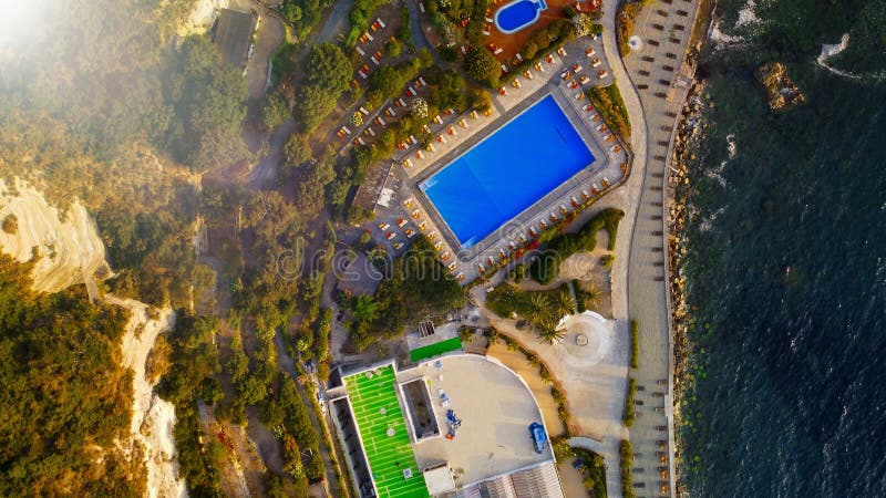 Overhead Aerial View of Ischia Citara Beach at Sunset with Pools and ...