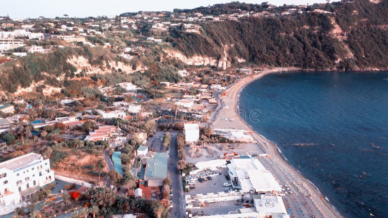 Overhead Aerial View of Ischia Citara Beach at Sunset with Sand Stock ...