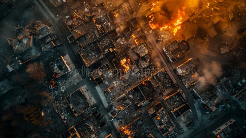 Overhead Aerial View of Neighborhood in Ruins from Devastating Fire ...