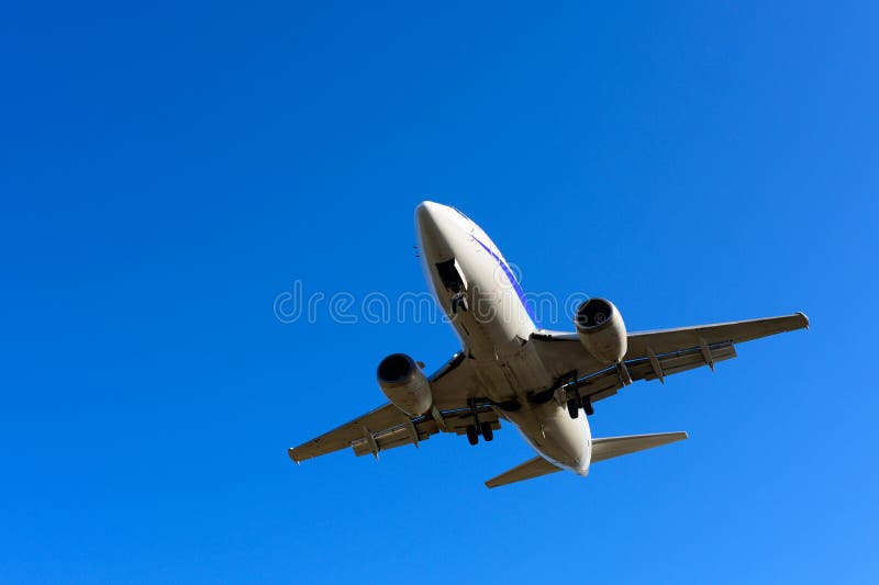 Overhead Aircraft Landing with Blue Sky Stock Image - Image of turbine ...