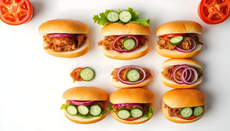 Overhead Arrangement of Burgers with Fresh Vegetables on a White ...