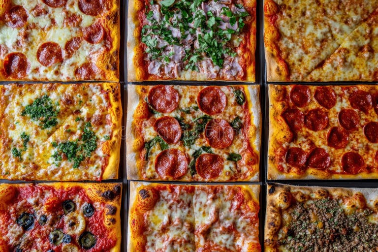 Overhead View of Vibrant Pizzas Arranged in a Colorful Chessboard ...