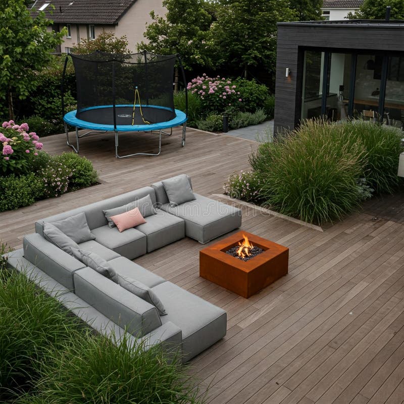 Overhead Backyard Firepit Trampoline View (Generated with AI) Stock ...