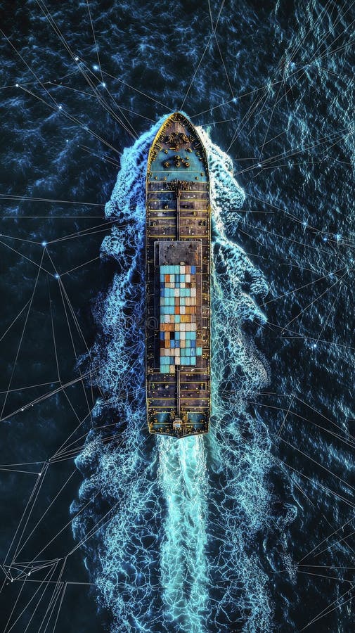 Overhead Cargo Ship Surrounded by Digital Waters Stock Illustration ...