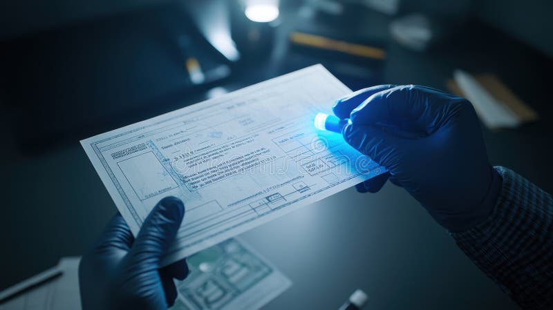 Overhead Cinematic Shot of Forensic Document Examination Under UV Light ...