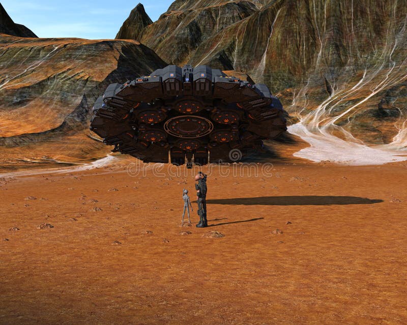 Overhead Illustration of a Grey Alien Pointing at a Hovering UFO with a ...