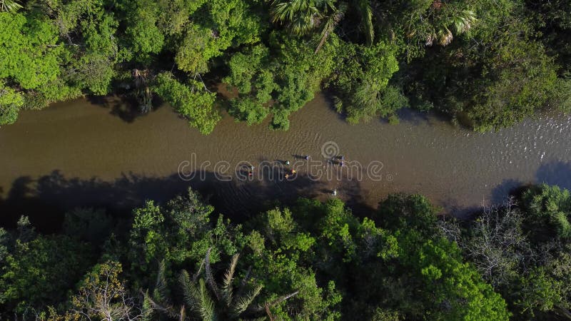 Overhead Drone Shot of Several Hikers Walking in the Middle of a River ...