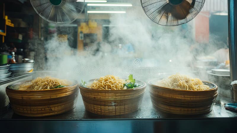 Overhead Fan Spinning Slowly Above Baskets Noodles Broth Stock Photos ...