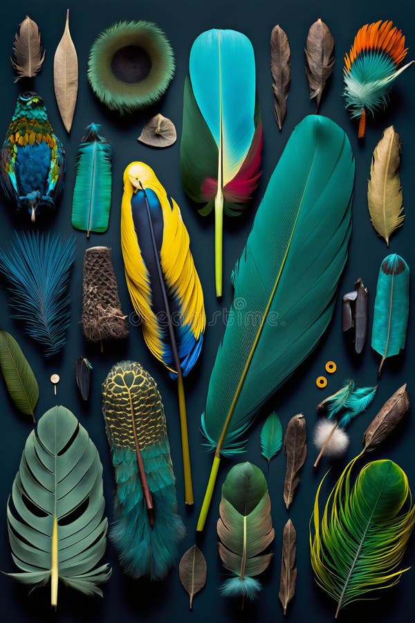 Overhead Flat Lay Composition of Exotic Colourful Bird Feathers ...