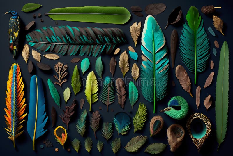 Overhead Flat Lay Composition of Exotic Colourful Bird Feathers ...