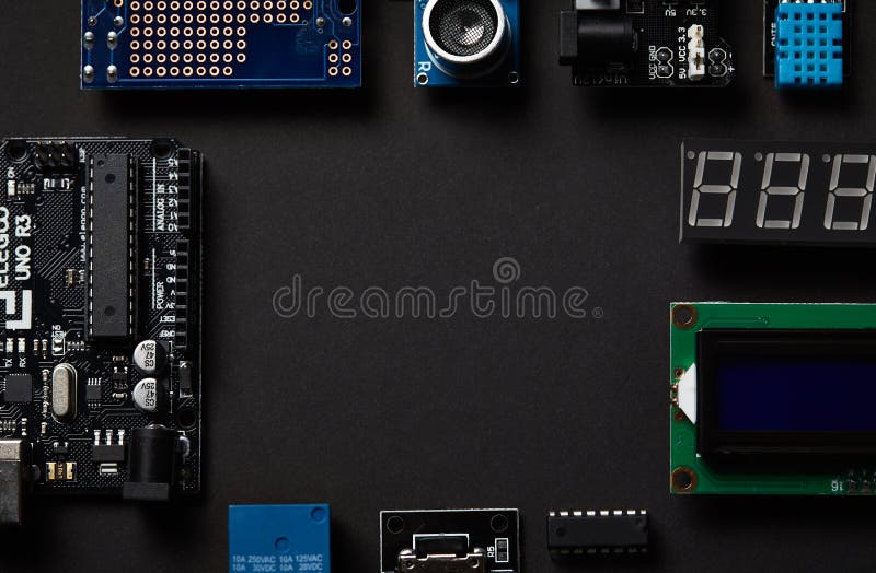 Overhead Flat Lay Shot Of Electronic Computer Components On Black ...