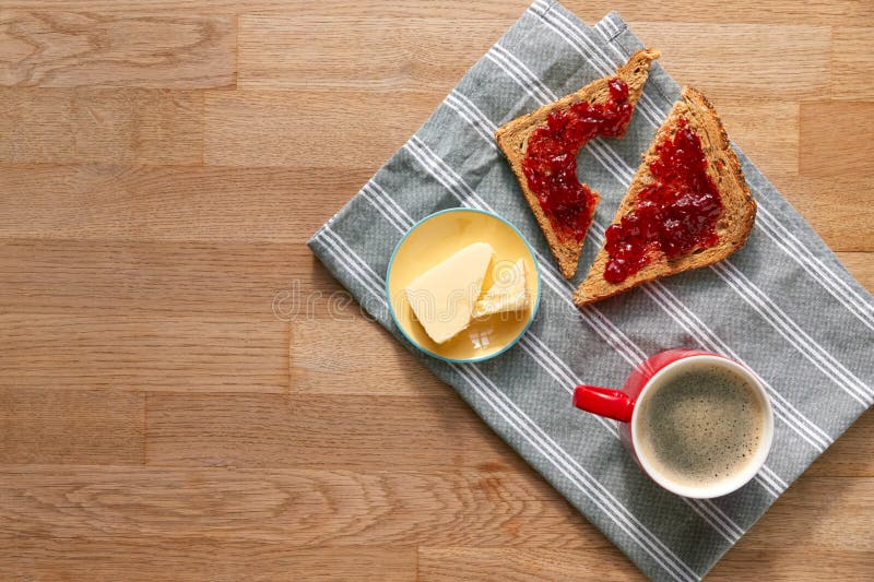 Overhead Flat Lay Shot of Table Laid for Breakfast with Toast Jam and ...