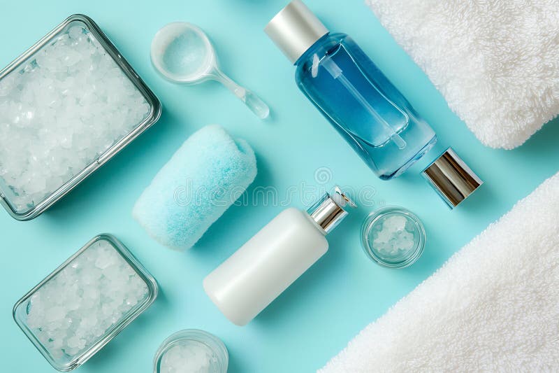 Overhead Flat Lay of Spa and Wellness Items on a Light Blue Background ...
