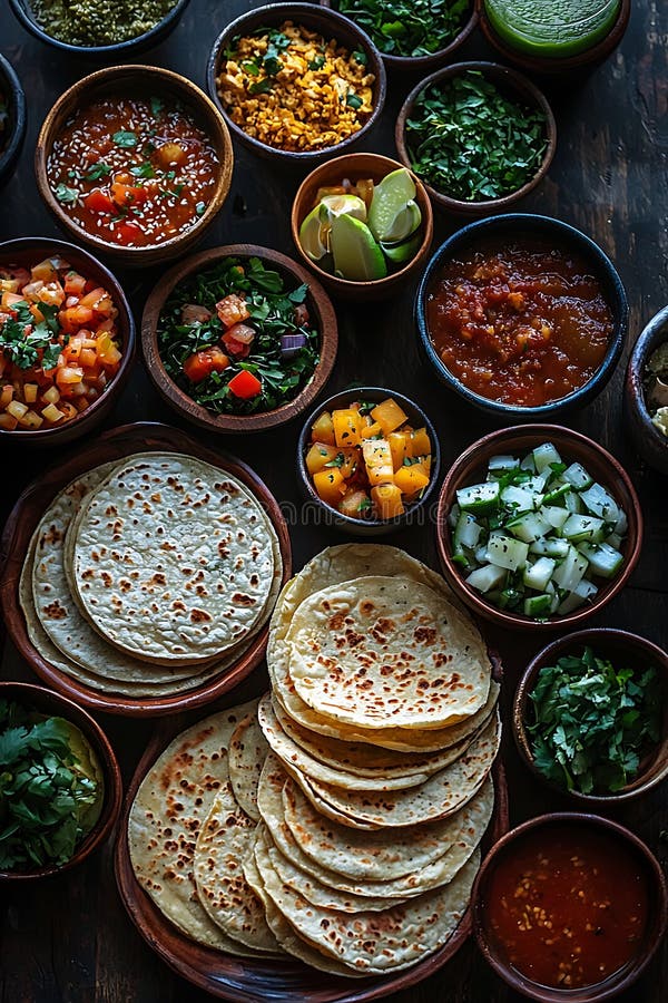 Overhead Flatlay of Assorted Taco Toppings and Tortillas Stock ...