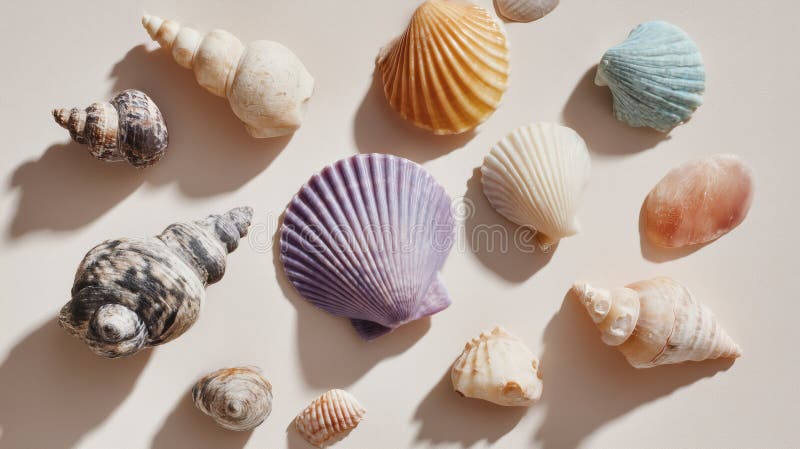 Vibrant Seashells on Beige Background Stock Illustration - Illustration ...