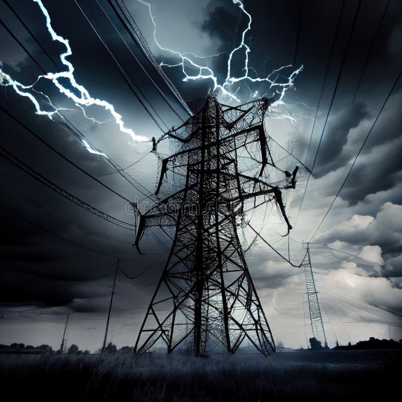 Overhead High Voltage Power Line Breakage in Electrical Storm Stock ...