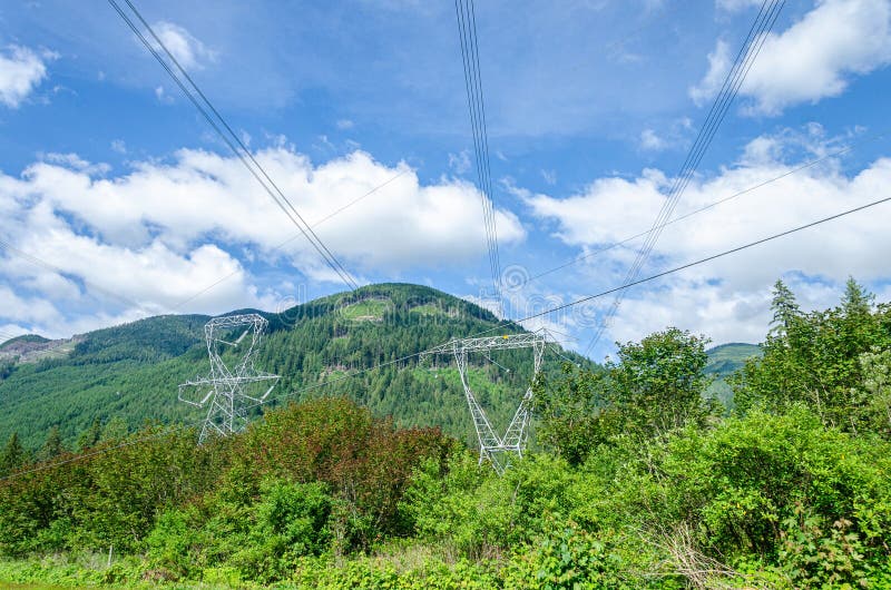 Overhead High Voltage Transmission Lines in a Mountain Region Stock ...