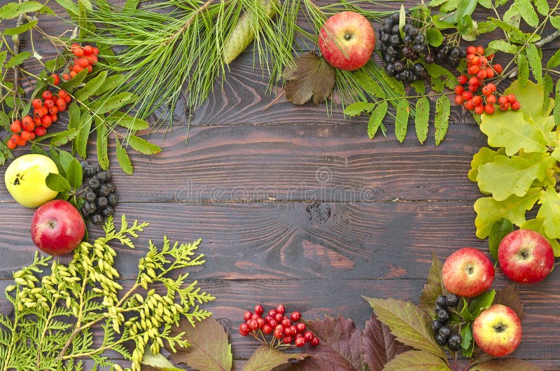 Overhead Horizontal of Fresh Apples and Berries Raw Produce on Wooden ...