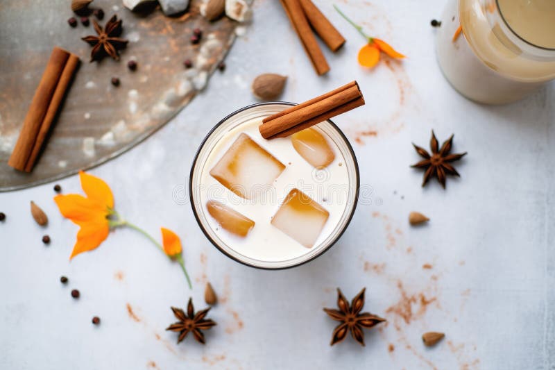Overhead of Iced Chai with Spilled Cinnamon, Star Anise Stock Image ...