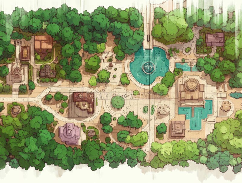 Overhead Illustration Featuring a Serene Park Design with Lush Greenery ...