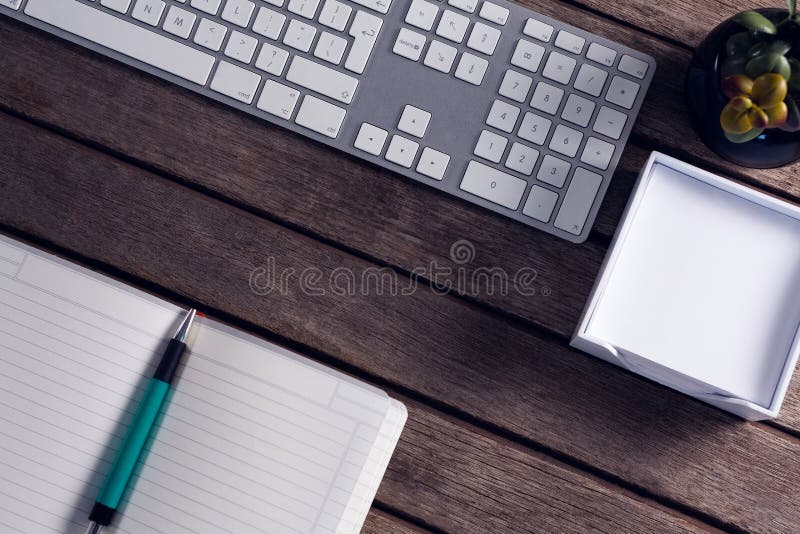 Keyboard, Diary, Pen and Box on Wooden Table Stock Image - Image of ...