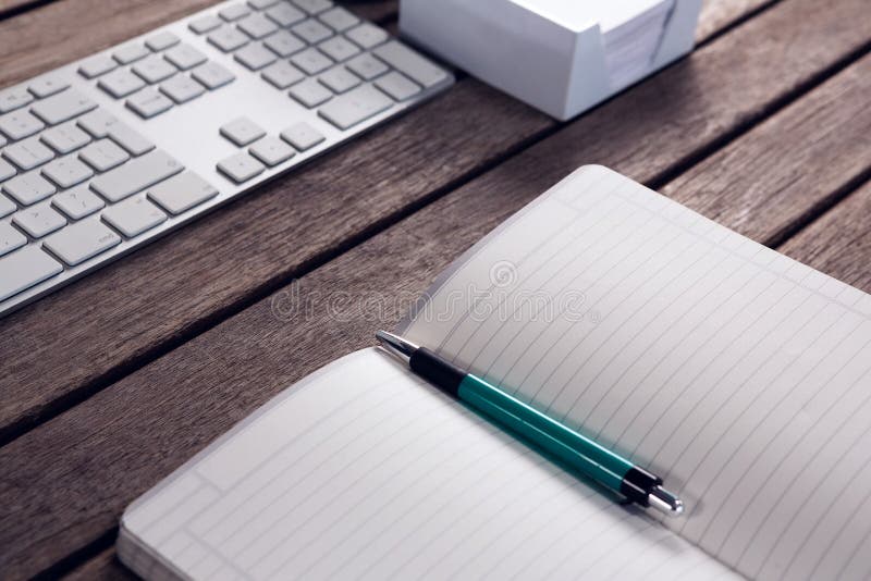Keyboard, Diary, Pen and Box on Wooden Table Stock Photo - Image of ...