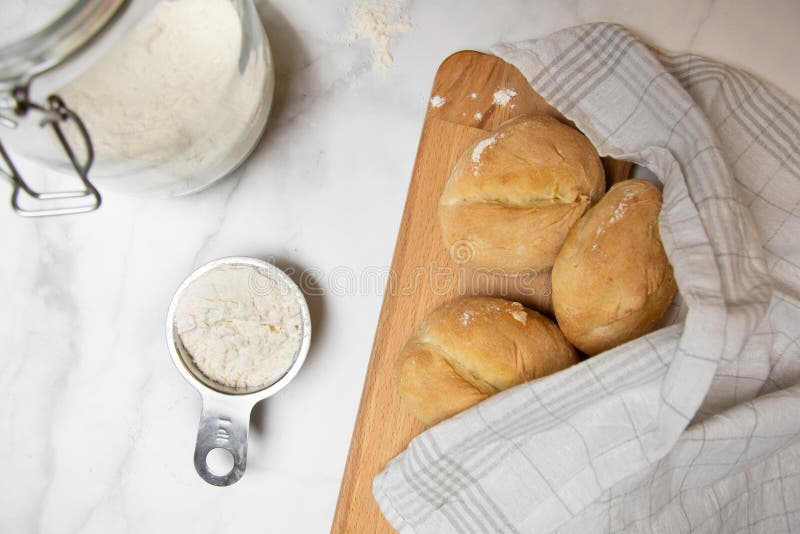 Overhead of Kitchen Desk with Bread Buns Stock Photo - Image of eating ...