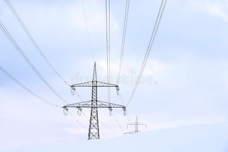 Overhead Line Poles with Power Cables in Winter Stock Photo - Image of ...