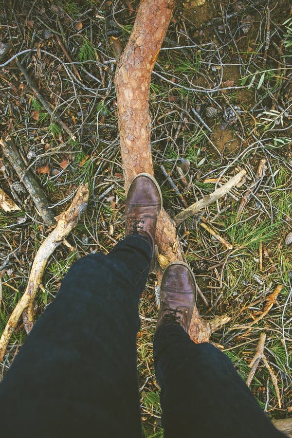 Overhead of Man Boots Treading a Pine Log. Stock Photo - Image of ...