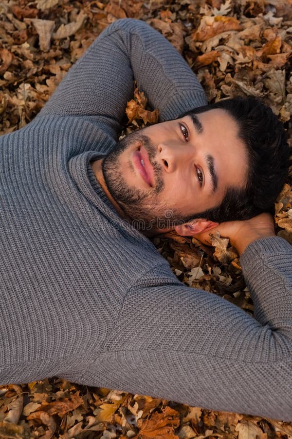 Overhead of Man Lying on Autumn Leaves Stock Image - Image of handsome ...