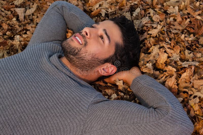 Overhead of Man Lying on Autumn Leaves Stock Image - Image of smiling ...