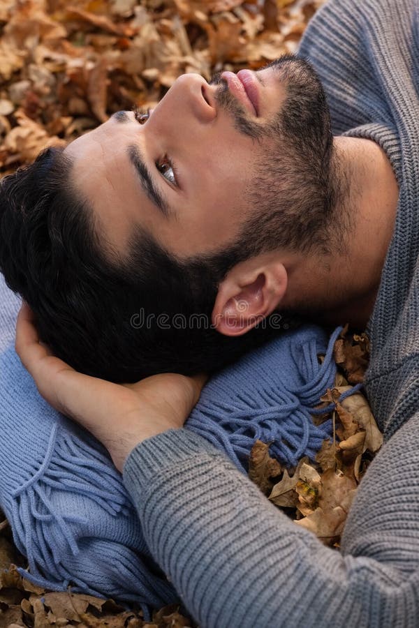 Overhead of Man Lying on Autumn Leaves Stock Photo - Image of head ...