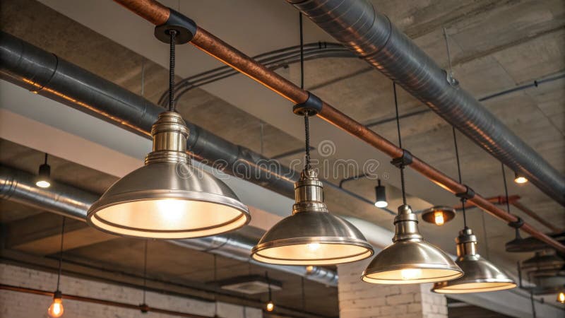 Overhead a of Metal Pendant Lights Hangs from the Ceiling Casting a ...