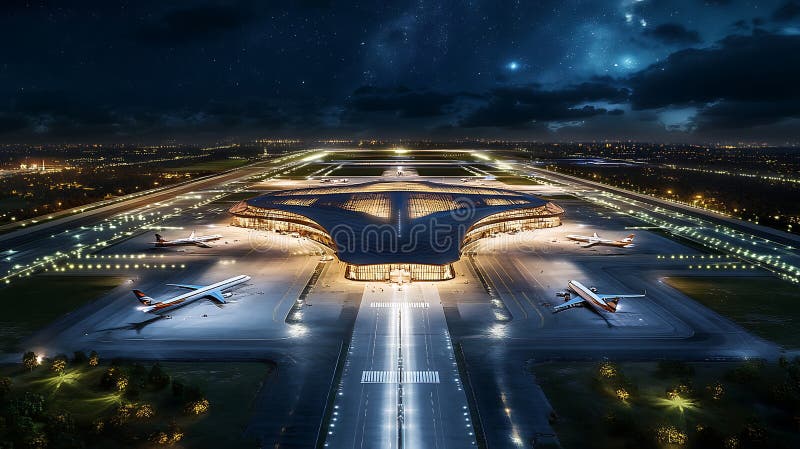 Modern Airport Terminal at Night Stock Illustration - Illustration of ...