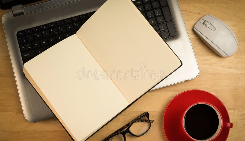 Overhead of Open Notebook on Laptop Stock Photo - Image of wireless ...