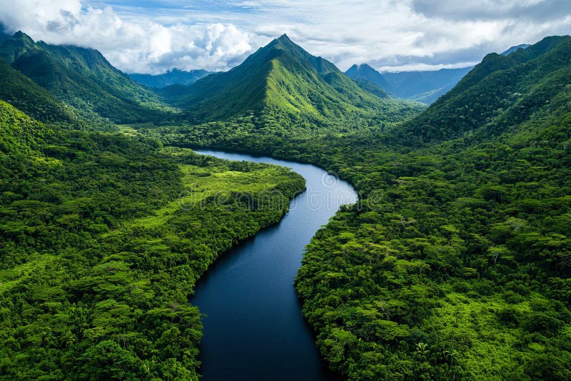 An Overhead Perspective of the Amazonas Jungle with a Meandering River ...