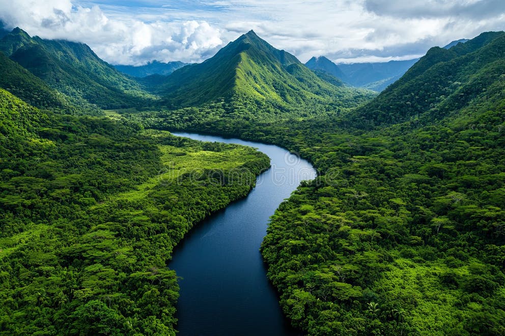 An Overhead Perspective of the Amazonas Jungle with a Meandering River ...