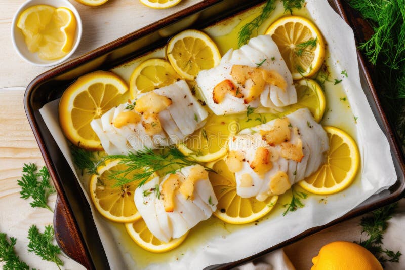 Overhead Perspective of Baked Cod with Scattered Lemon Pieces Stock ...