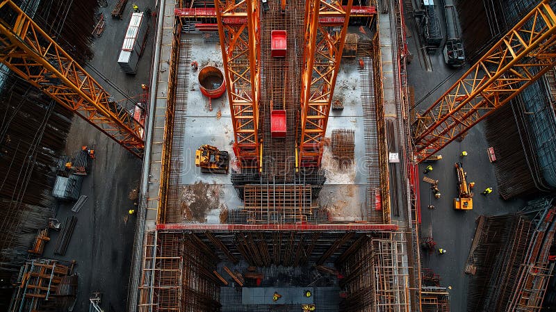 Overhead View of a Large Bridge Construction Site Showcasing Cranes and ...